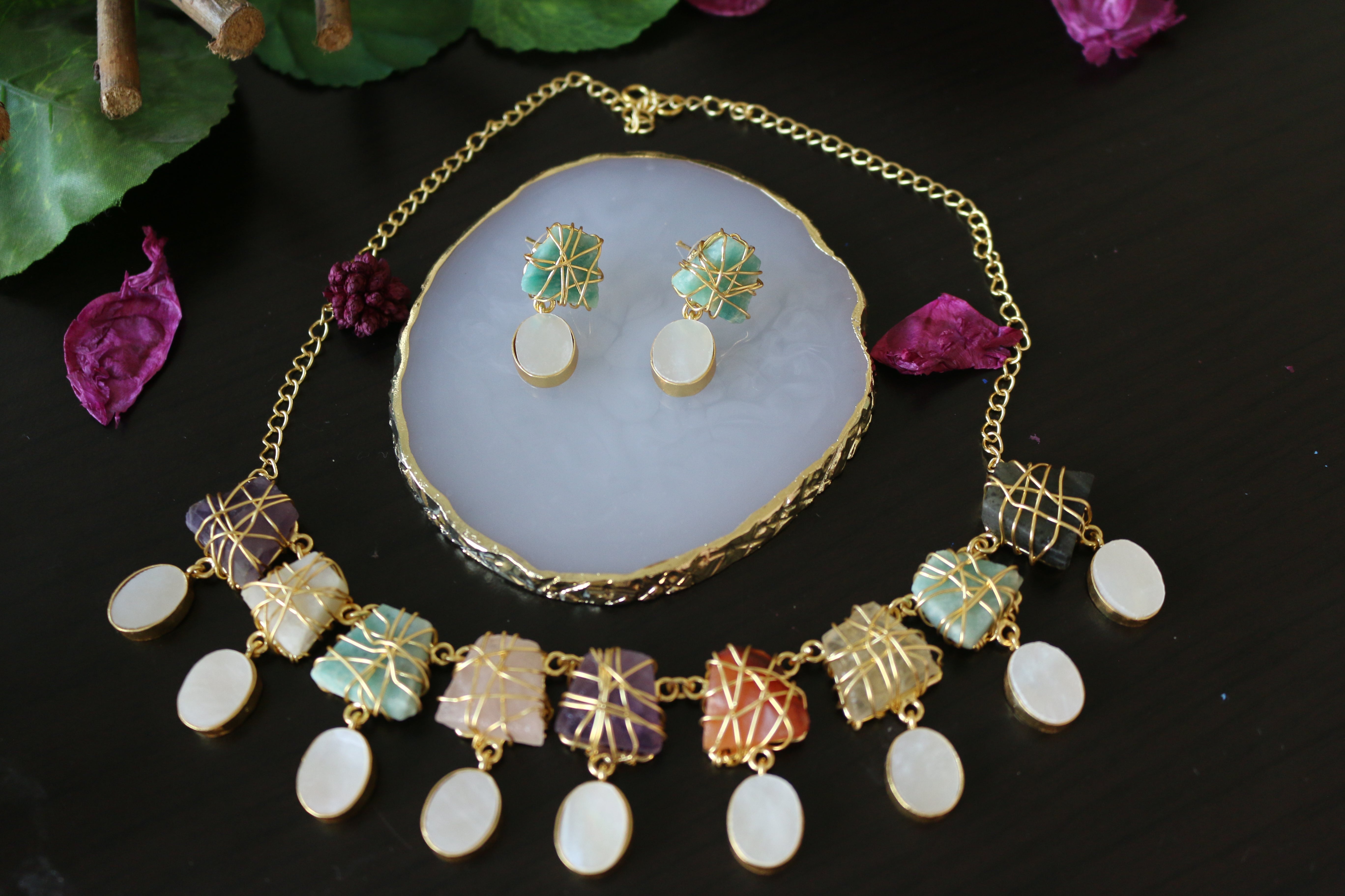 Heera Multi Colour Premium Necklace Set with Mother of Pearl Drops ...